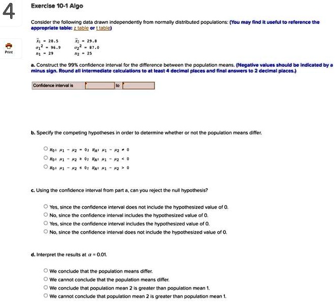 SOLVED: Exercise 10-1 Algo Consider the following data drawn independently from normally ...