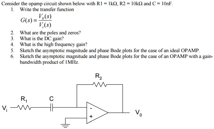 SOLVED: Consider the opamp circuit shown below with R1 = 1k, R2 = 10k and C = 10nF 1. Write the ...