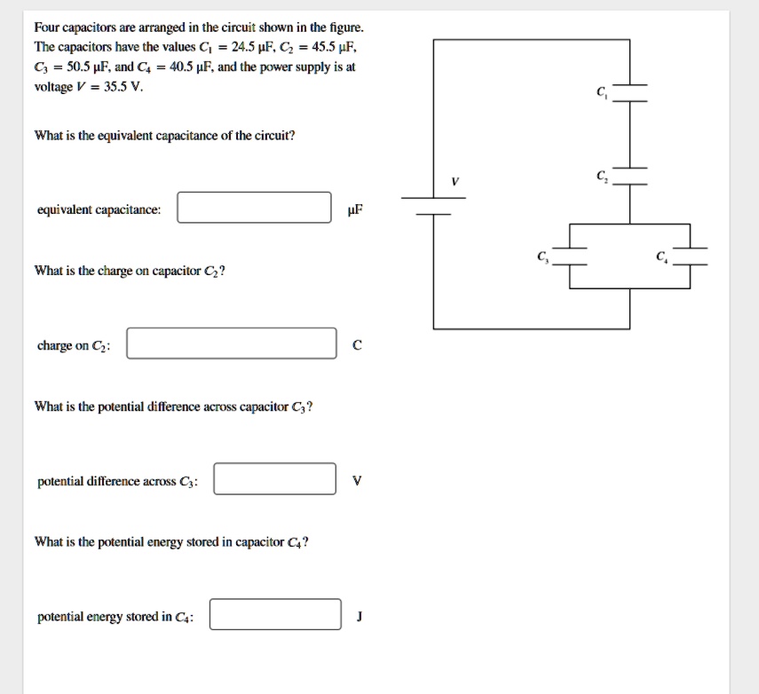SOLVED: Four capacitors are arranged in the circuit shown in the figure: The capacitors have the ...