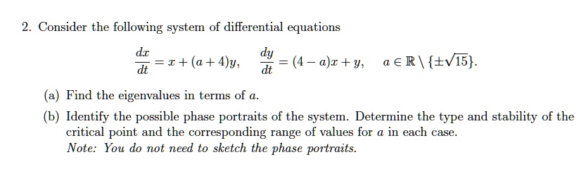 SOLVED: Consider the following system of differential equations dx dy =I+ (a + 4)y, (4 - a)r + y ...