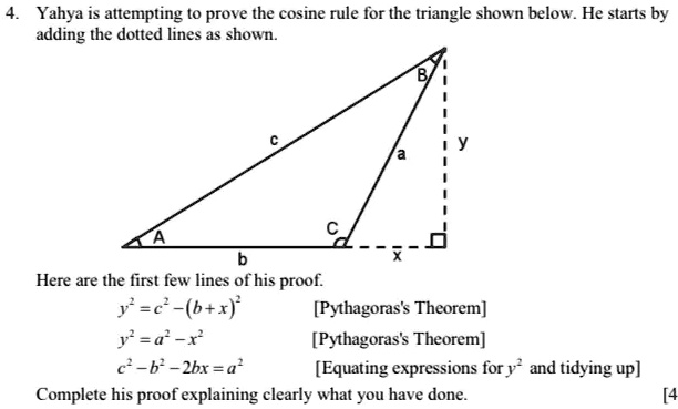 Yahya is attempting to prove the cosine rule for the...