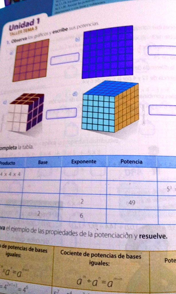 SOLVED: observar los gráficos y escribe sus potencias ompketa * tu ...