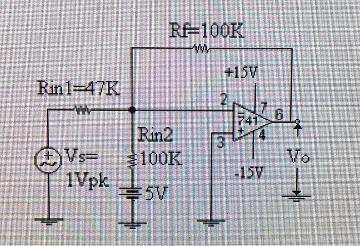 Rf=100K +15V Rin1=47K 2 7 6 741 + 4 Vs= Rin2 100K 3 Vo -15V 1Vpk 5V