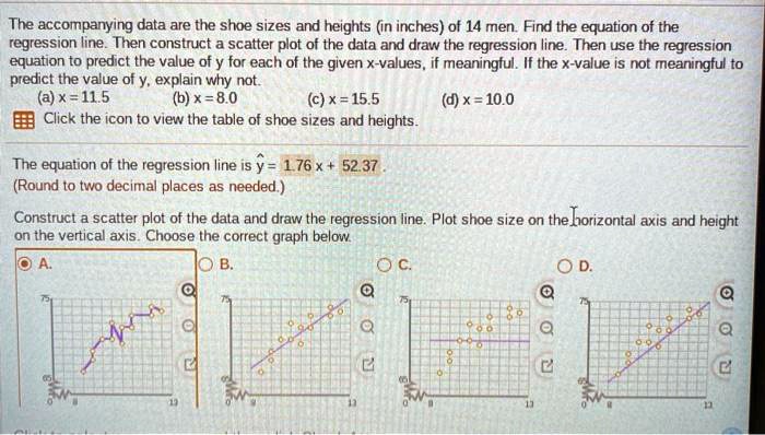 the accompanying data are the shoe sizes and heights in inches of 14 ...