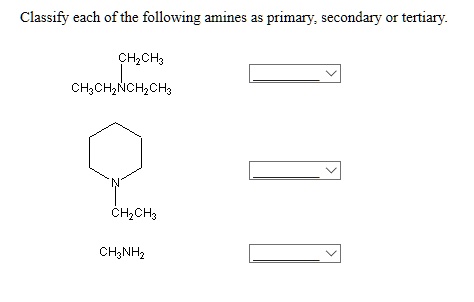 SOLVED: Classify each of the following amines as primary, secondary, or tertiary: CH3CH2NH2 ...