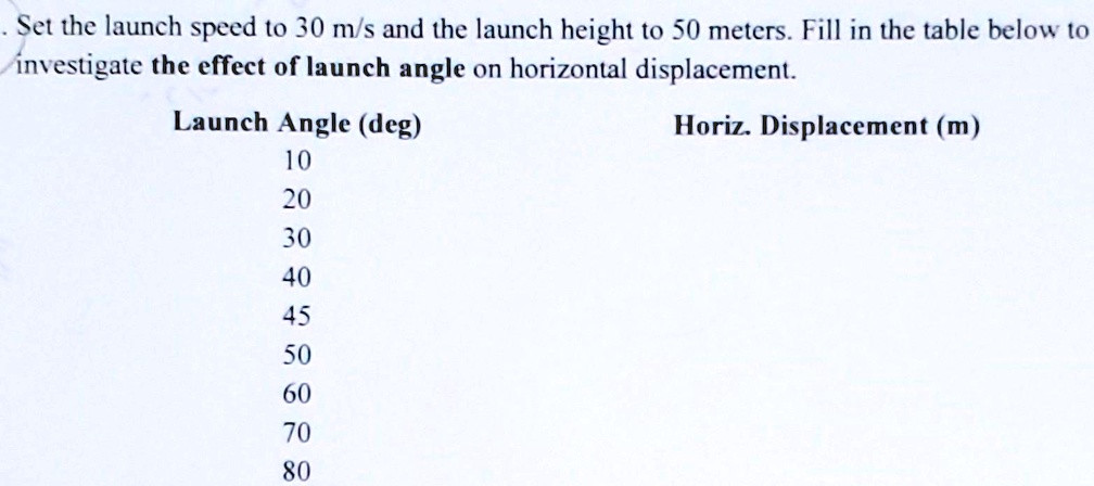 SOLVED: Set the launch speed to 30 m/s and the launch height to 50 ...
