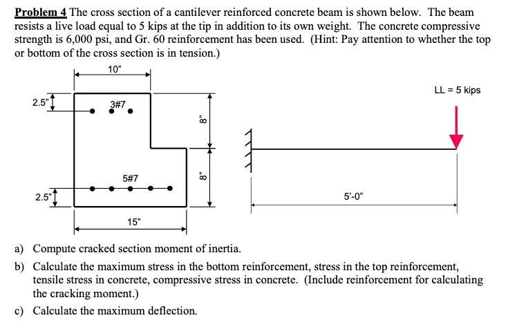 Problem 4: The cross section of a cantilever reinforced concrete beam is shown below. The beam ...