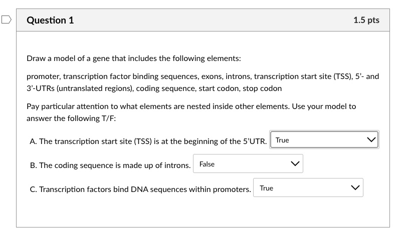 Question 1 1.5 pts Draw a model of a gene that includes the following ...