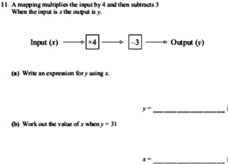 11 A mapping multiplies the input by 4 and then subtracts 3 When the input is x the output is y ...