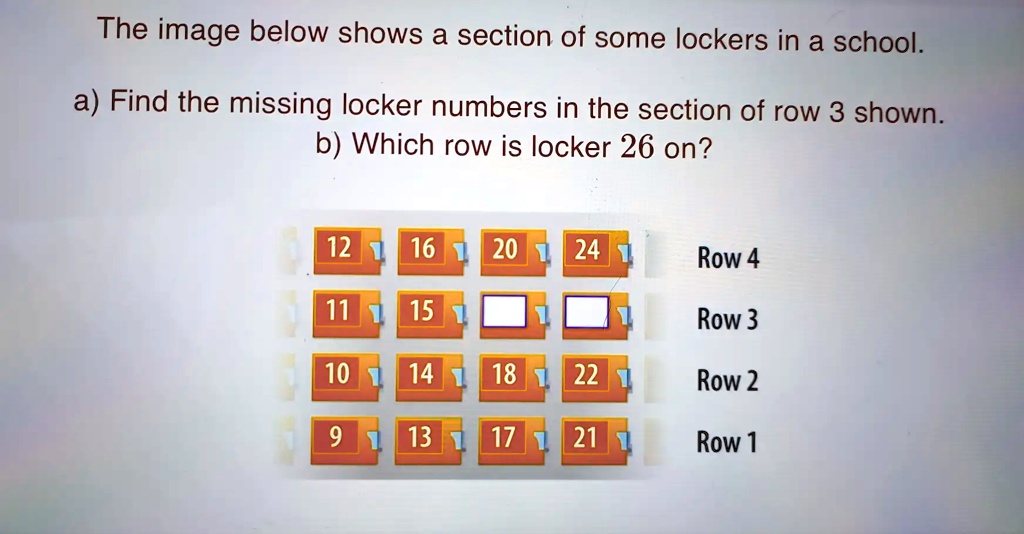 SOLVED: The image below shows a section of some lockers in a school. a) Find the missing locker ...