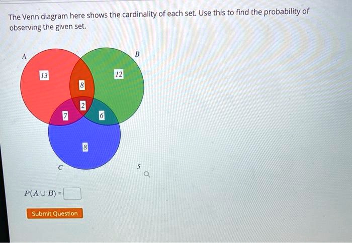 SOLVED: The Venn diagram here shows the cardinality of each set. Use ...