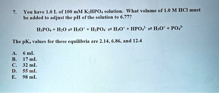 you have 10 l of 100 mm khpo4 solution what volume of 10 m hci must be ...