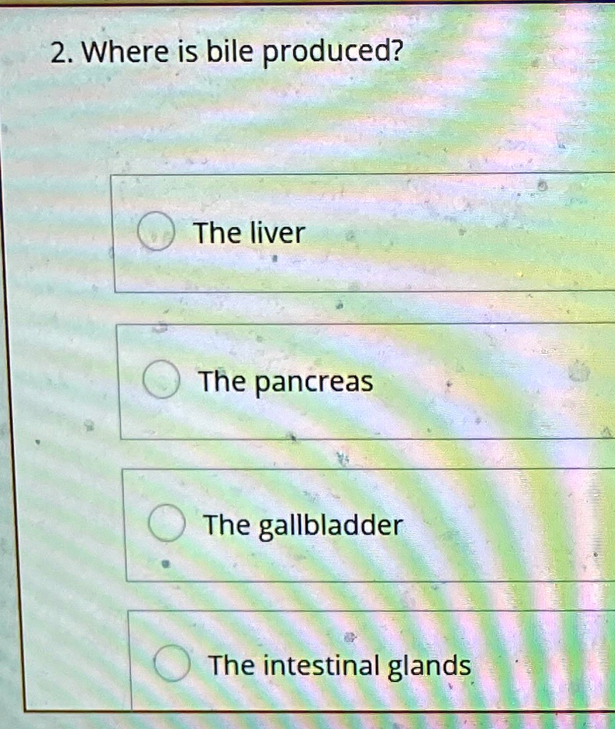 2. Where is bile produced? The liver The pancreas The gallbladder The ...