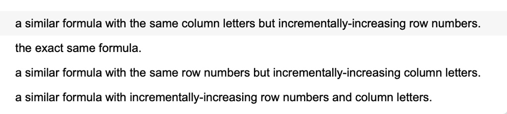 Solved A Similar Formula With The Same Column Letters But Incrementally Increasing Row Numbers