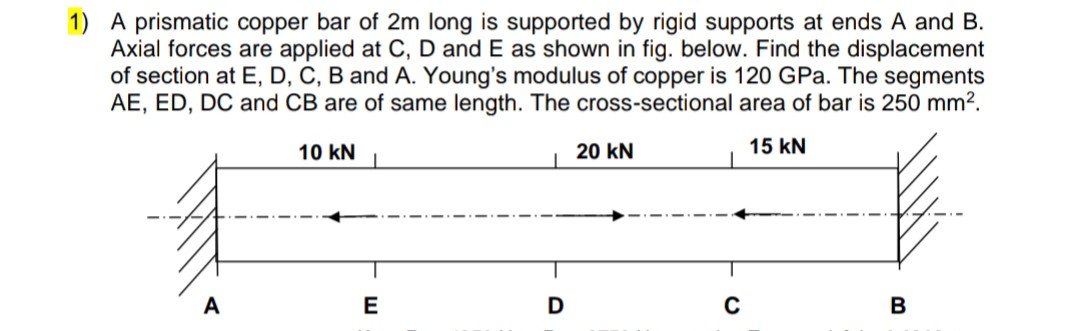 SOLVED: 1) A prismatic copper bar of 2 m long is supported by rigid supports at ends A and B ...