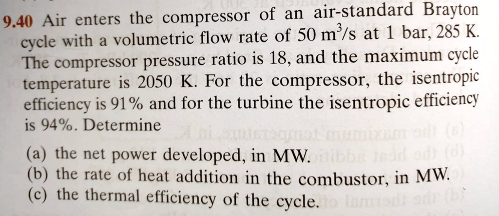 SOLVED: 9.40 Air enters the compressor of an air-standard Brayton cycle ...
