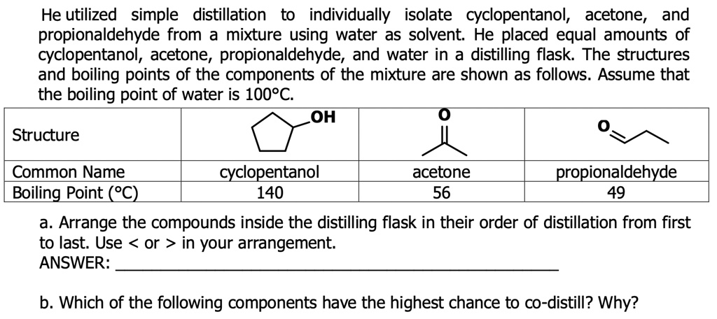 he utilized simple distillation to individually isolate cyclopentanol ...