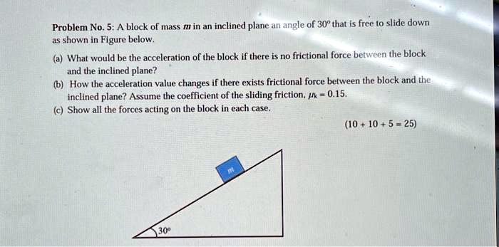 Problem No. 5: A block of mass m in an inclined plane an angle of 30° that is free to slide down ...