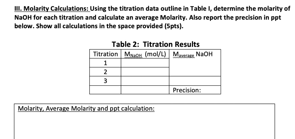 SOLVED: IL Molarity Calculations: Using the titration data outlined in Table 1, determine the ...