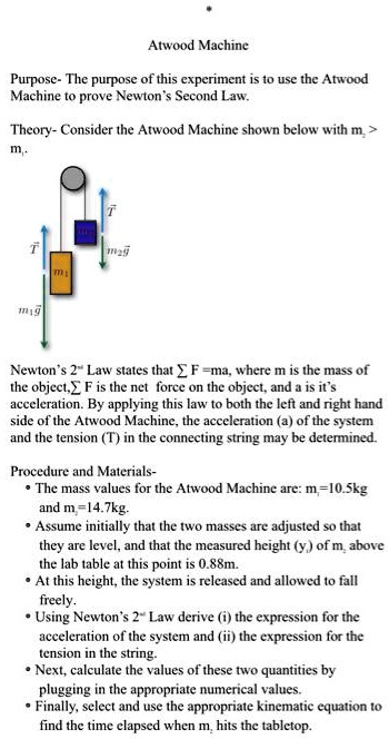 Atwood Machine Purpose: The purpose of this experiment is to prove ...