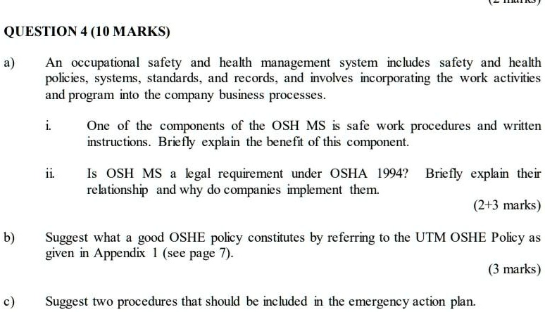 SOLVED: a) An occupational safety and health management system includes ...
