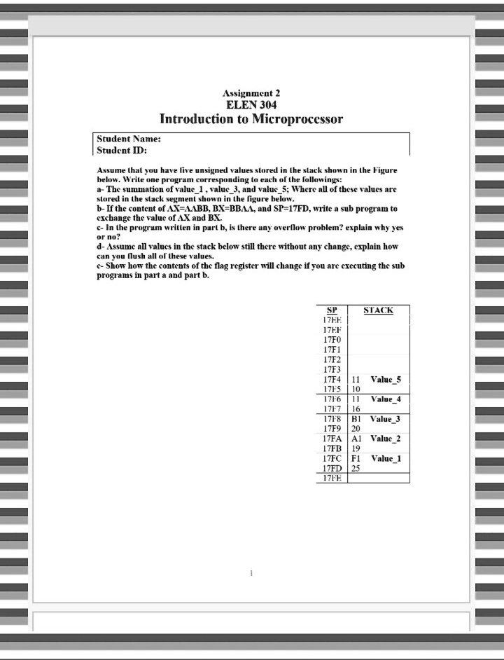SOLVED: Introduction to Microprocessor Student Name: Student ID: Assume ...