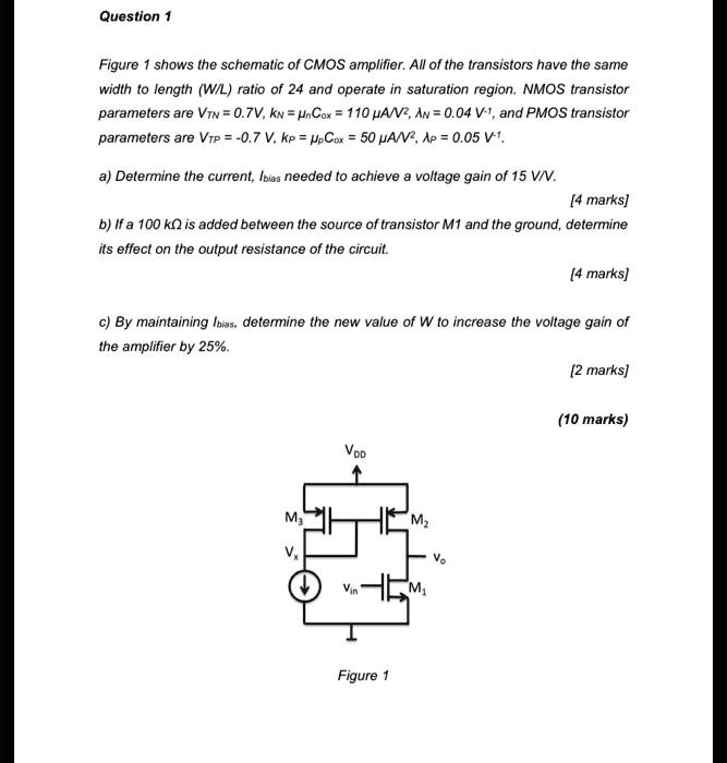 SOLVED: Figure 1 shows the schematic of a CMOS amplifier. All of the ...