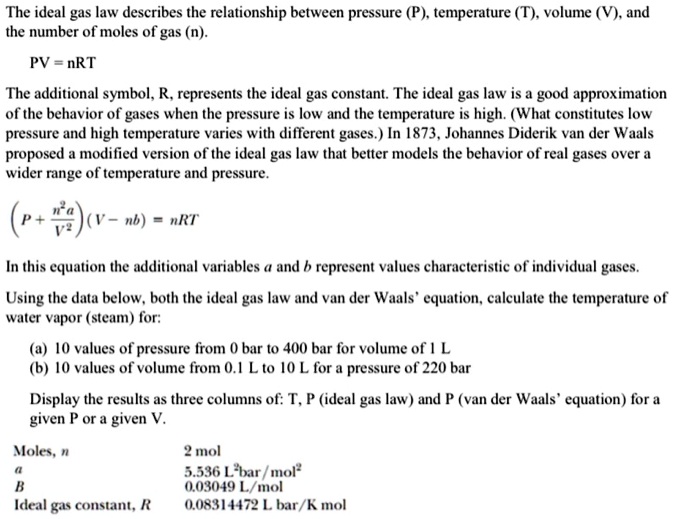SOLVED: The ideal gas law describes the relationship between pressure ...