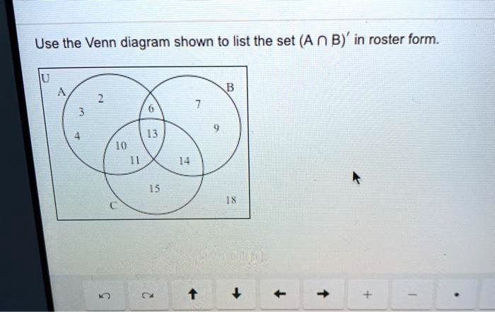 Use the Venn diagram shown to list the set (A n B)' in roster form: