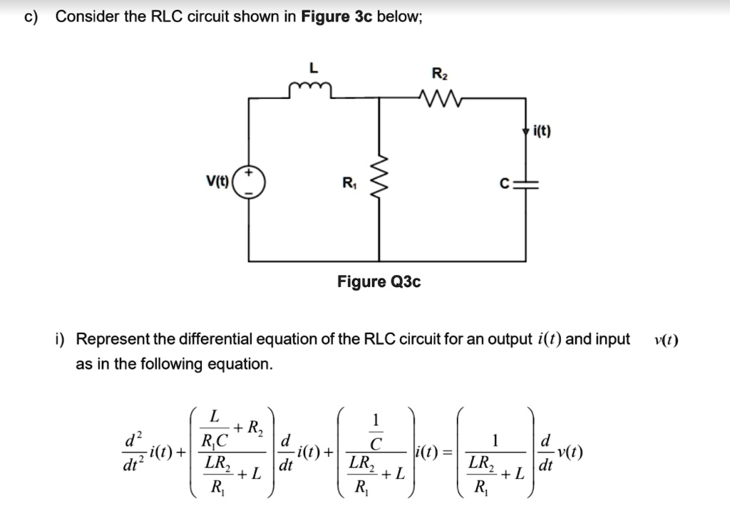 SOLVED: c) Consider the RLC circuit shown in Figure 3c below: i(t) V(t) R Figure Q3c 1 ...