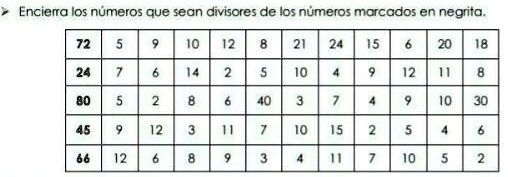 SOLVED: Encierra los números que sean divisores de los numeros marcados ...