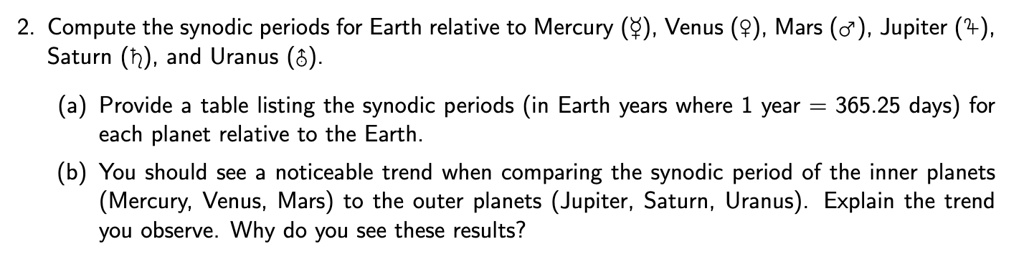 SOLVED: 2. Compute the synodic periods for Earth relative to Mercury ...