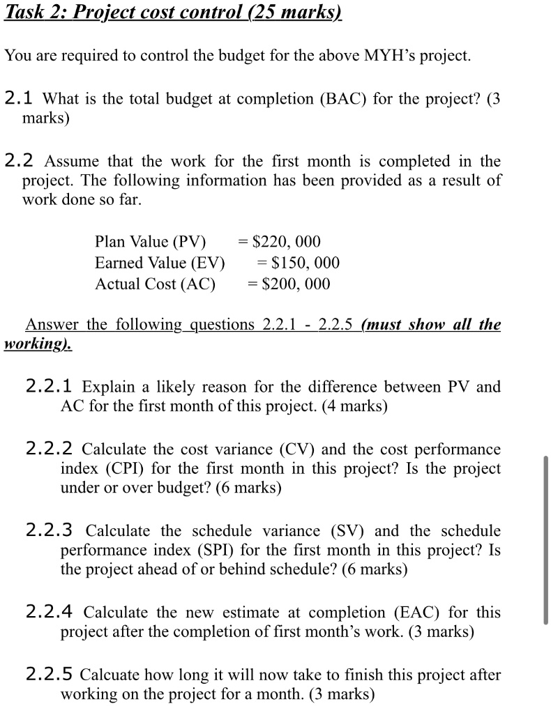 task 2 project cost control 25marks you are required to control the ...