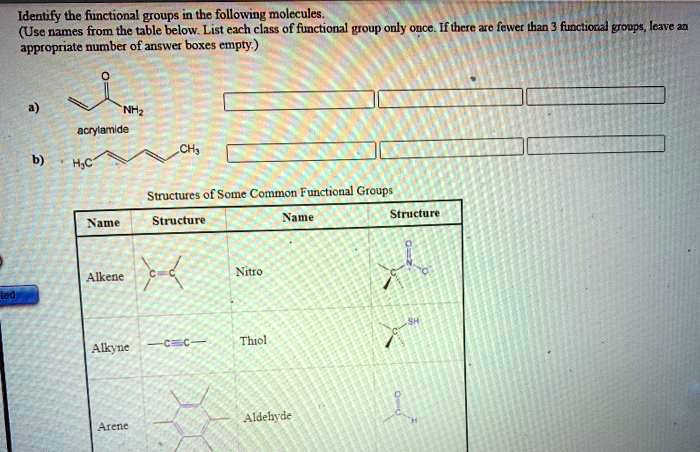 SOLVED: Identify the functional groups in the following molccules. (Usa names from the table ...