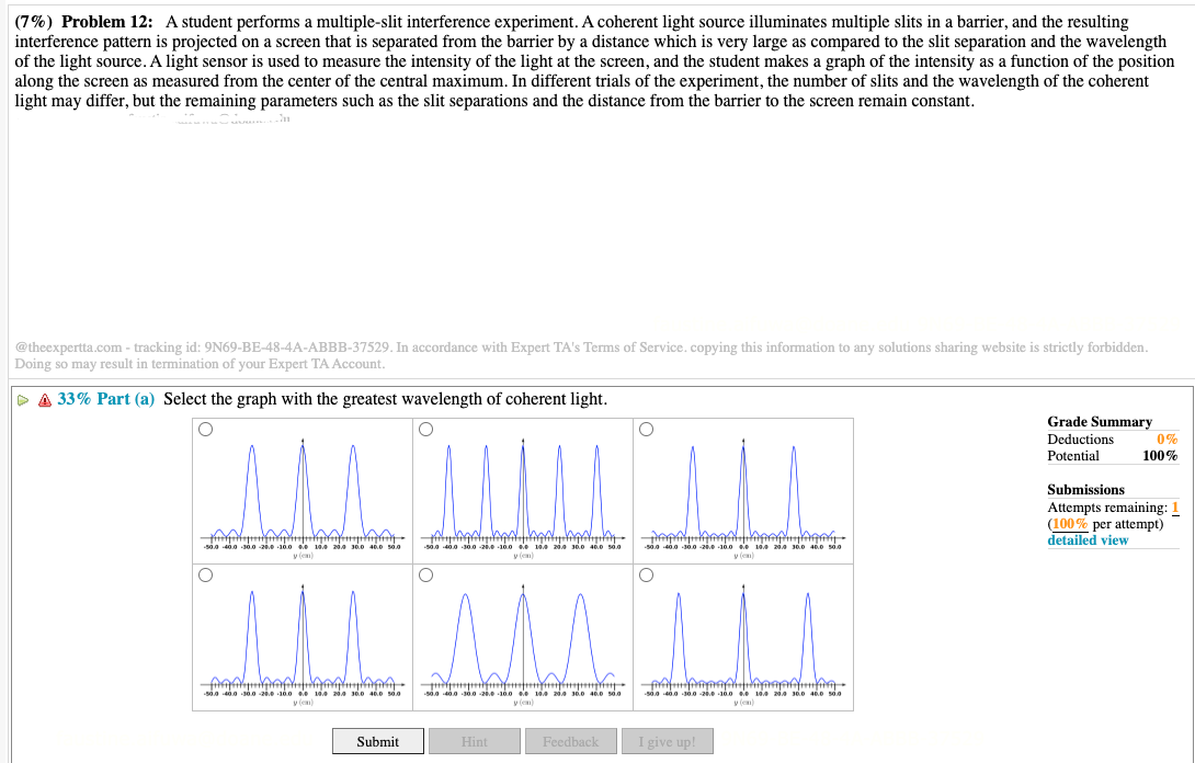 SOLVED: (7%) Problem 12: A student performs a multiple-slit ...
