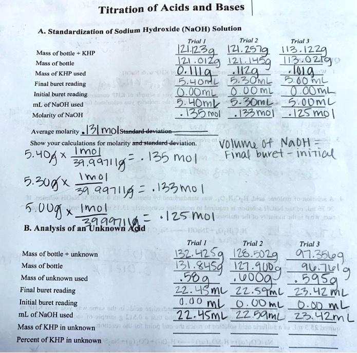 SOLVED: Titration of Acids and Bases Standardization of Sodium Hydroxide (NaOH) Solution Trial ...