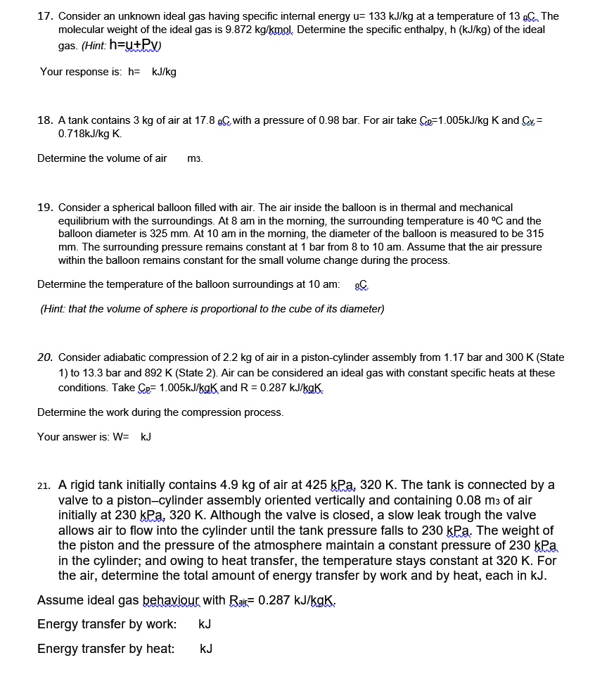 17. Consider an unknown ideal gas having specific internal energy u ...