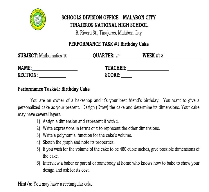 SOLVED: SCHOOLS DIVISION OFFICE - MALABON CITY TINAJEROS NATIONAL HIGH ...