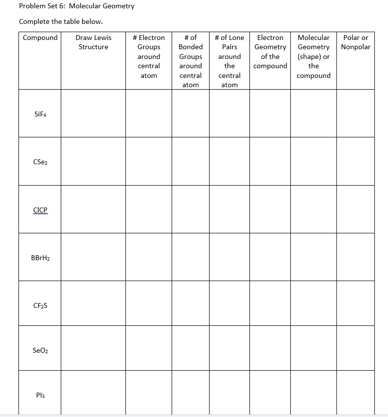 SOLVED: Problem Set 6: Molecular Geometry Complete the table below ...