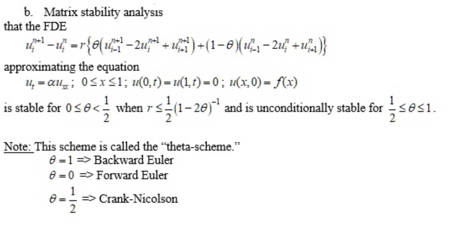 SOLVED: b. Matrix stability analysis that the FDE ui^n+1-ui^n=r{θ(ui-1^n+1-2 ui^n+1+ui+1^n+1)+(1 ...