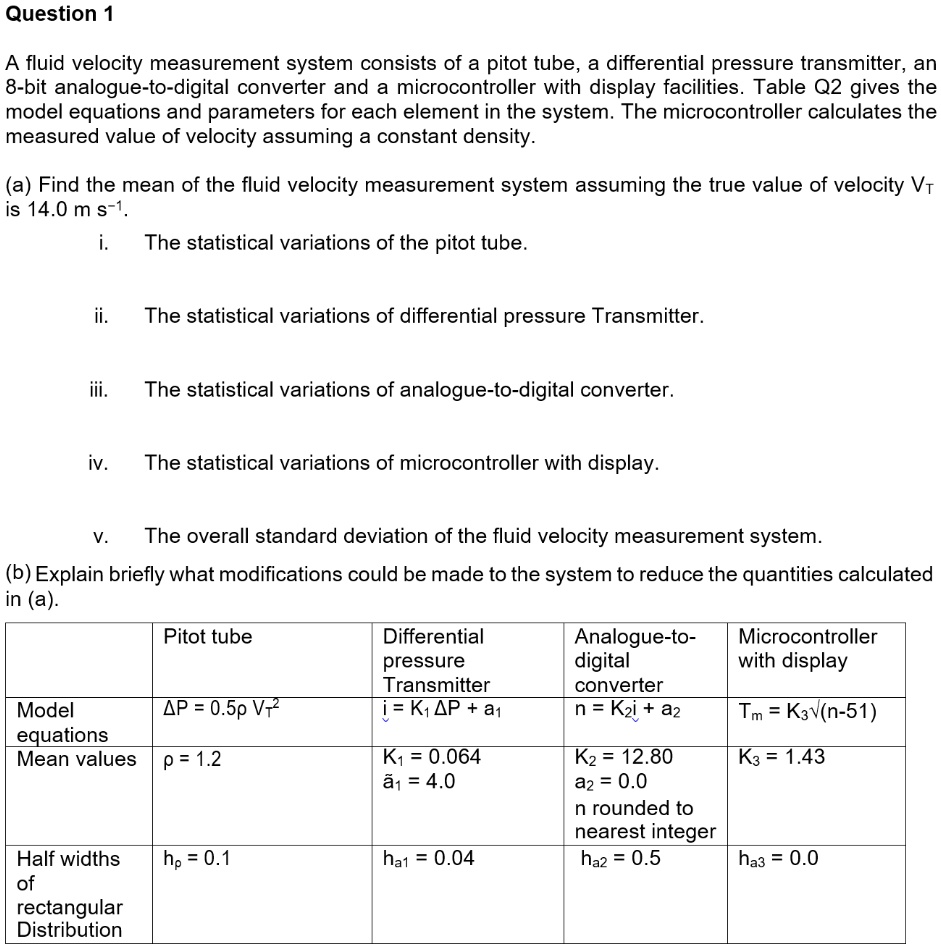 SOLVED: Question A fluid velocity measurement system consists of a pitot tube, a differential ...