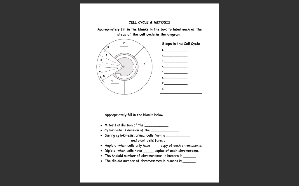CELL CYCLE MITOSIS Appropriately fill in the blanks in the box to label ...