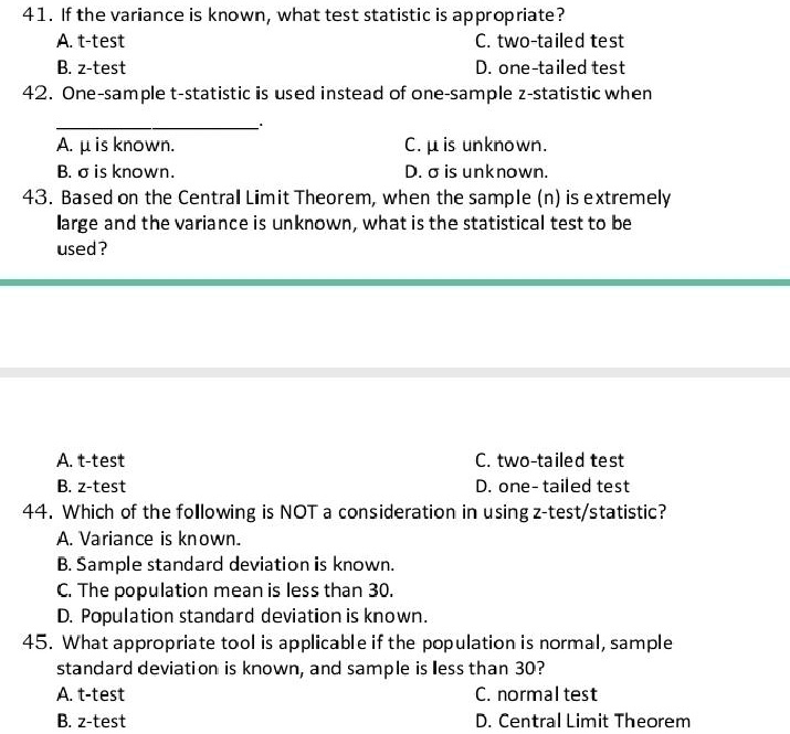 41 if the variance is known what test statistic is appropriate a t test ...