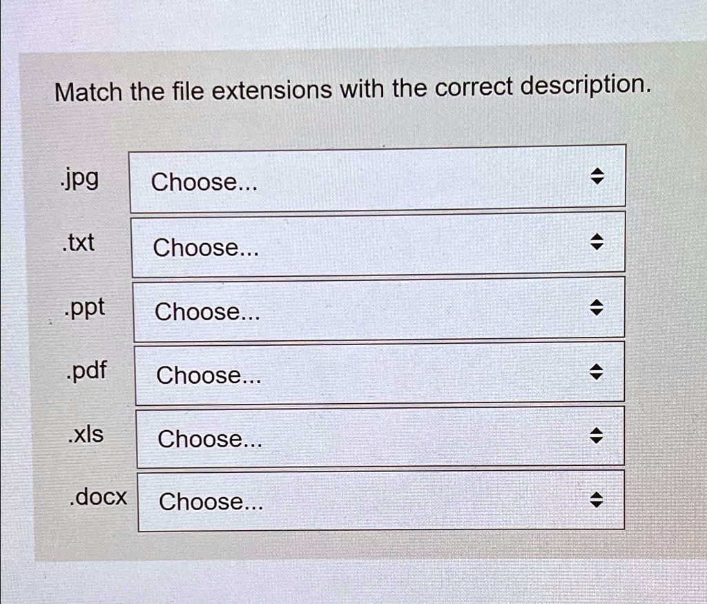 SOLVED: Match the file extensions with the correct description. .jpg ... SOLVED: Match the file extensions with the correct description. .jpg ...