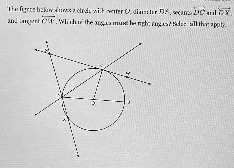 SOLVED: The figure below shows a circle with center O, diameter DS, secants DC and Dx, and ...