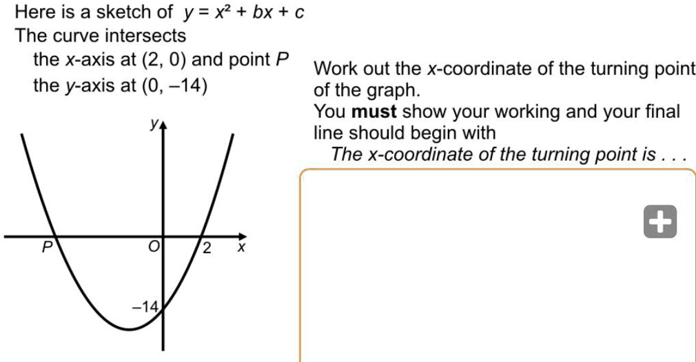 Here is a sketch of y = x² + bx + c The curve intersects the x-axis at (2, 0) and point P the y ...