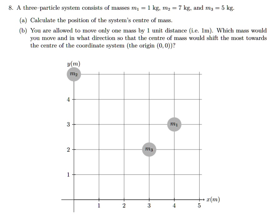 a three particle system consists of masses m 1 kg m2 7kg and mg 5 kg calculate the position of ...