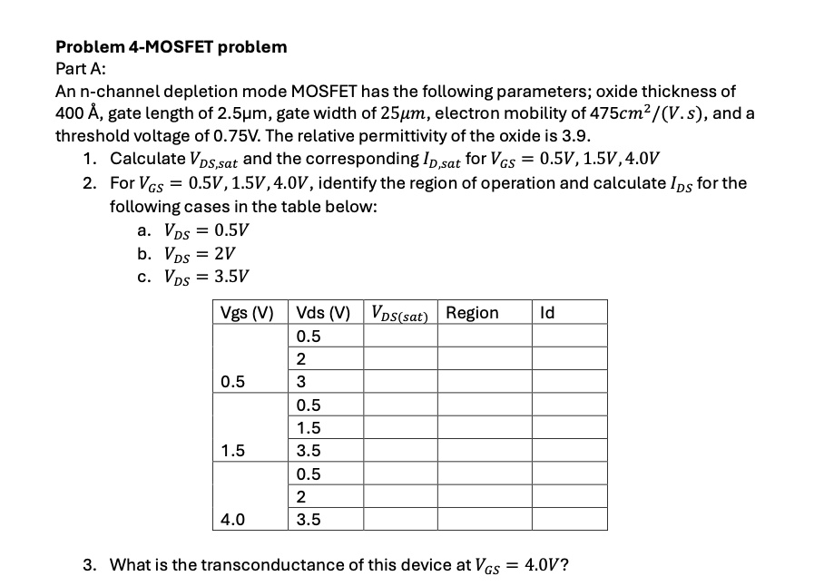problem 4 mosfet problem part a an n channel depletion mode mosfet has ...