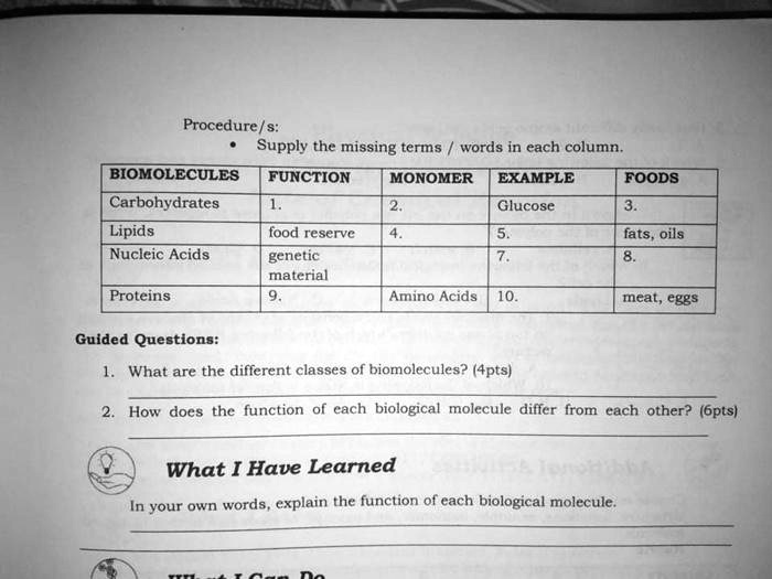 SOLVED: Procedure, Supply the missing terms words in each column ...