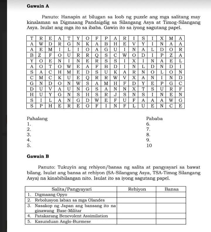 [GET ANSWER] Gawain A Panuto: Hanapin at bilugan sa loob ng puzzle ang mga salitang may ...